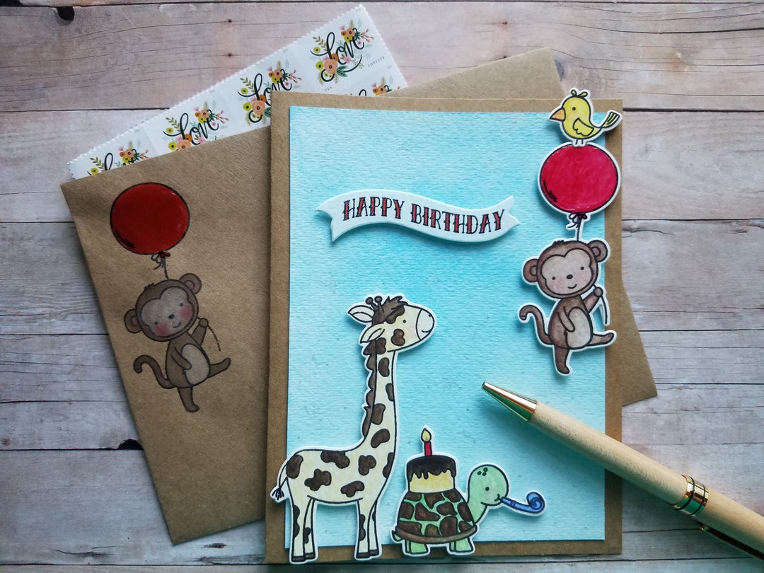 Cute Giraffe Card Cute Monkey Card Cute Turtle Card Cute Birthday Card ...