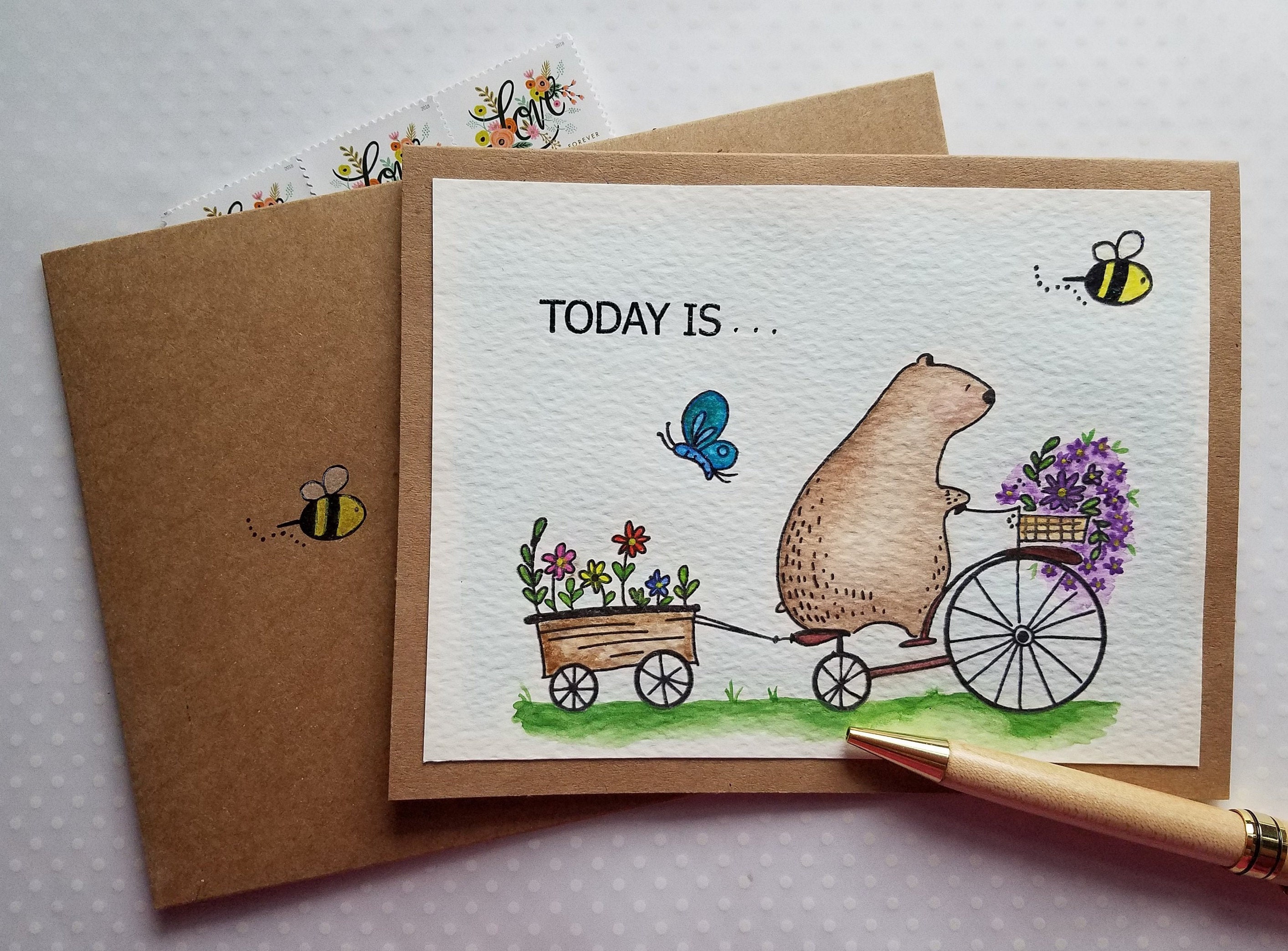 Good Day to Be Happy Bear With Flowers Handcrafted Card Friend Card ...