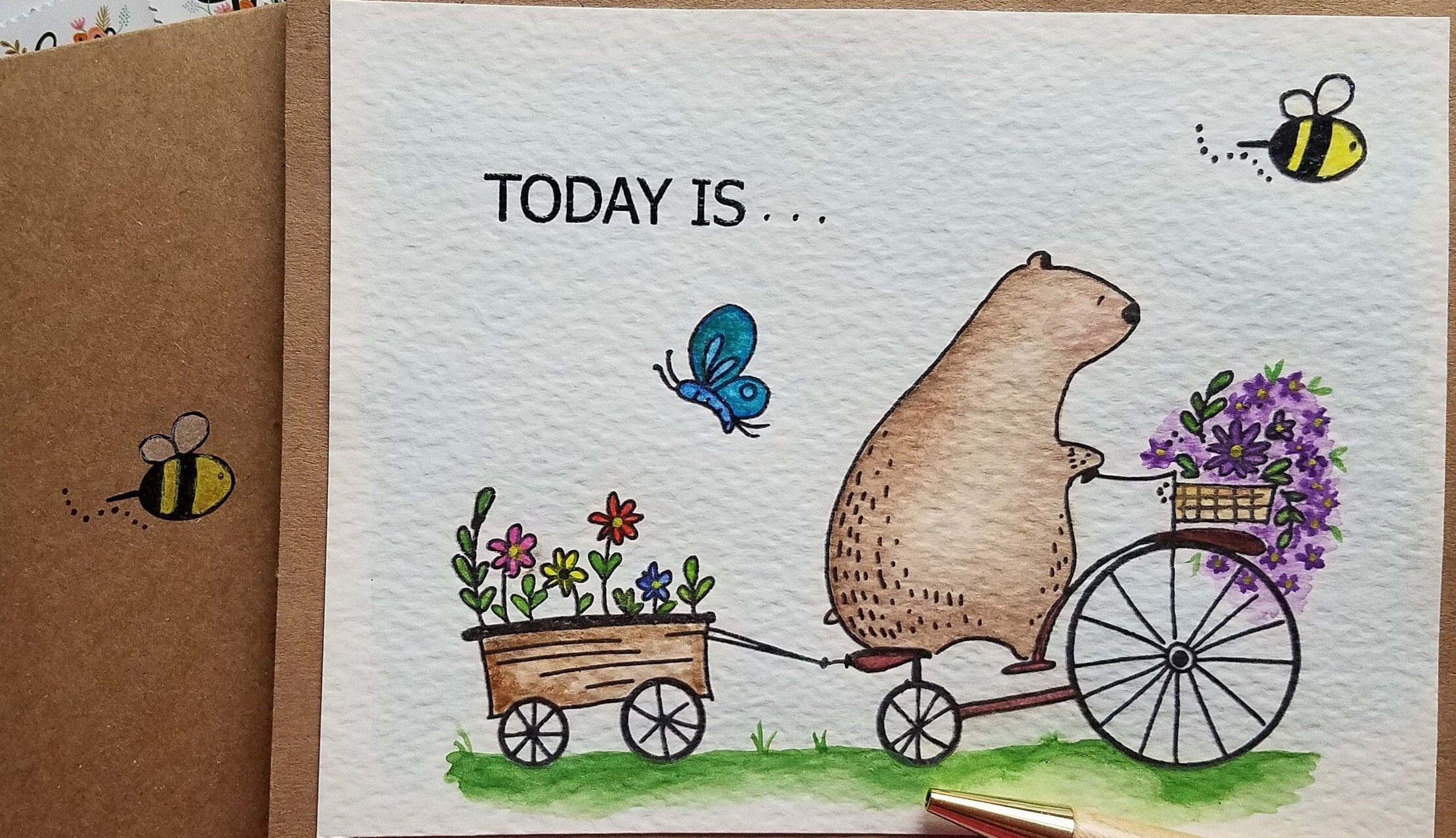 Good Day to Be Happy Bear With Flowers Handcrafted Card Friend Card ...