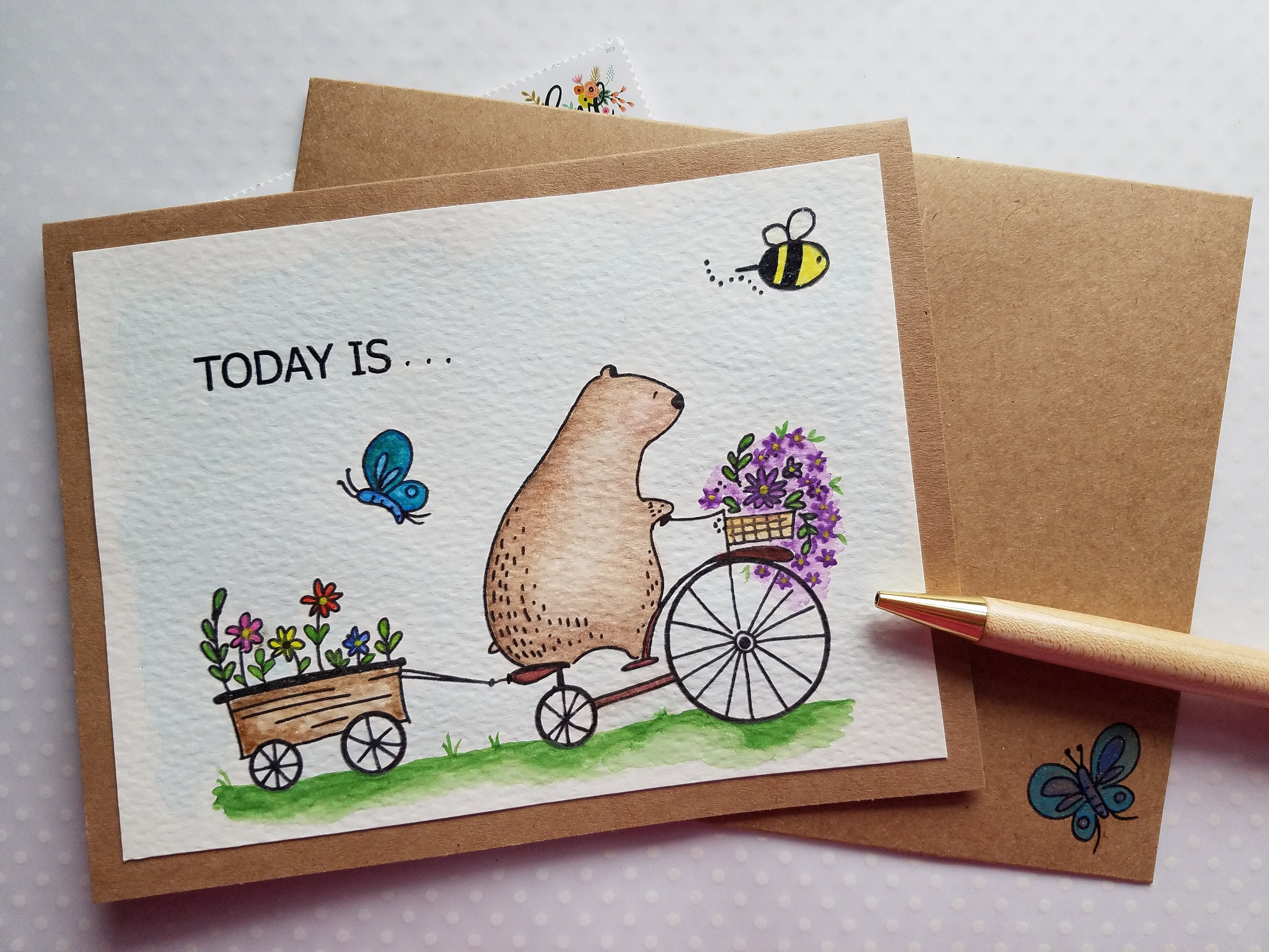Good Day to Be Happy Bear With Flowers Handcrafted Card Friend Card ...