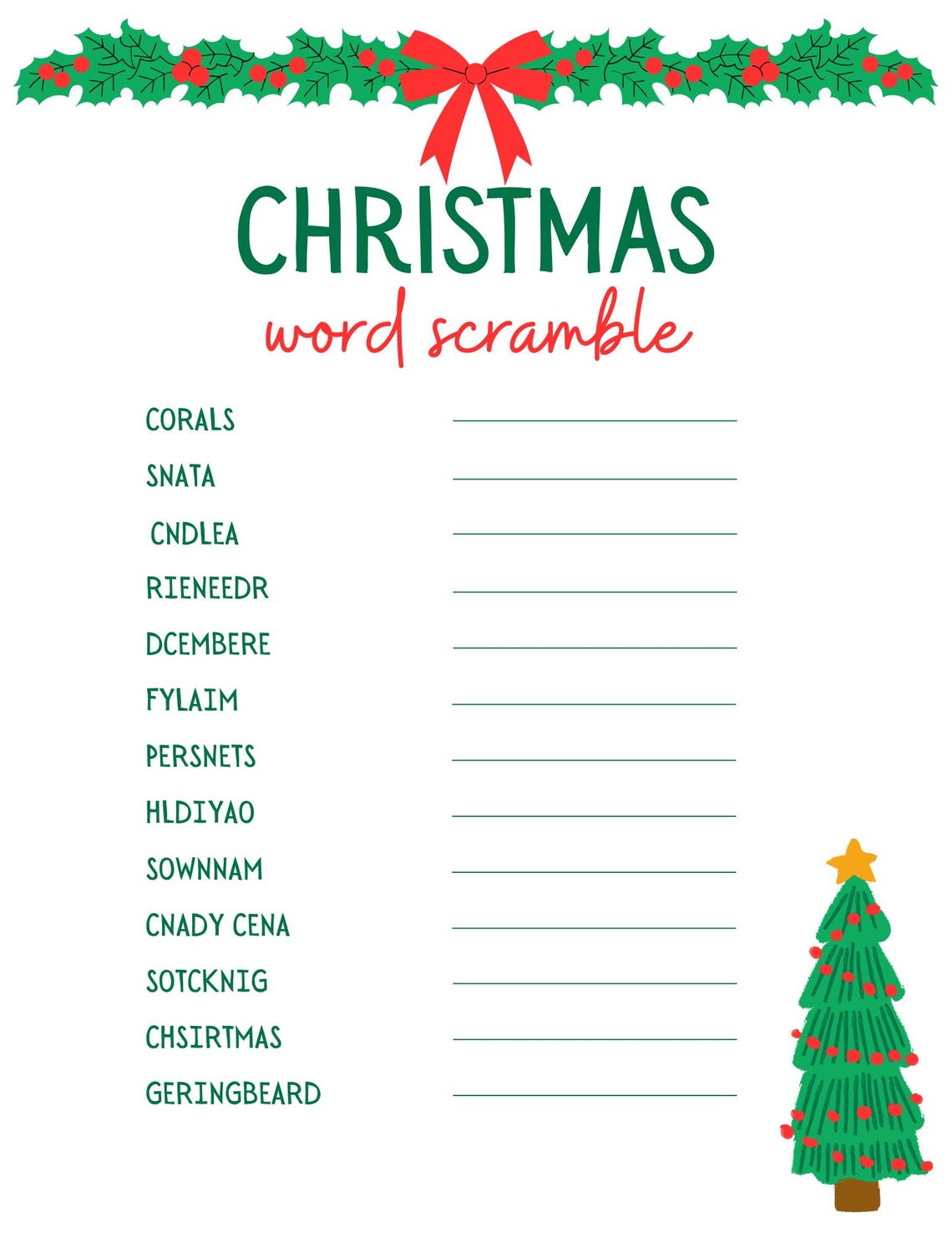 Printable Christmas Word Scramble Game: Holiday Family Activity ...