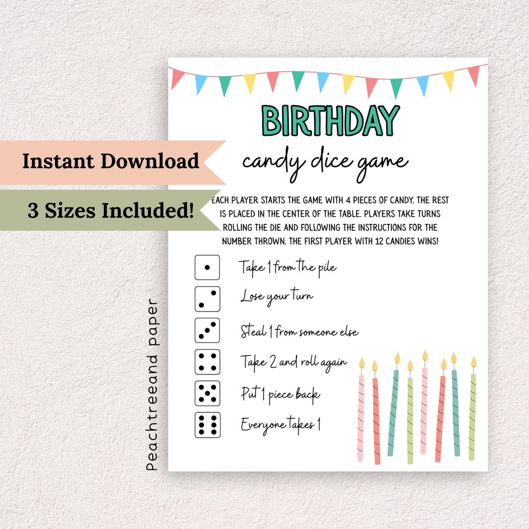 Birthday Candy Dice Game – Printable Party Activity (PDF) - Etsy