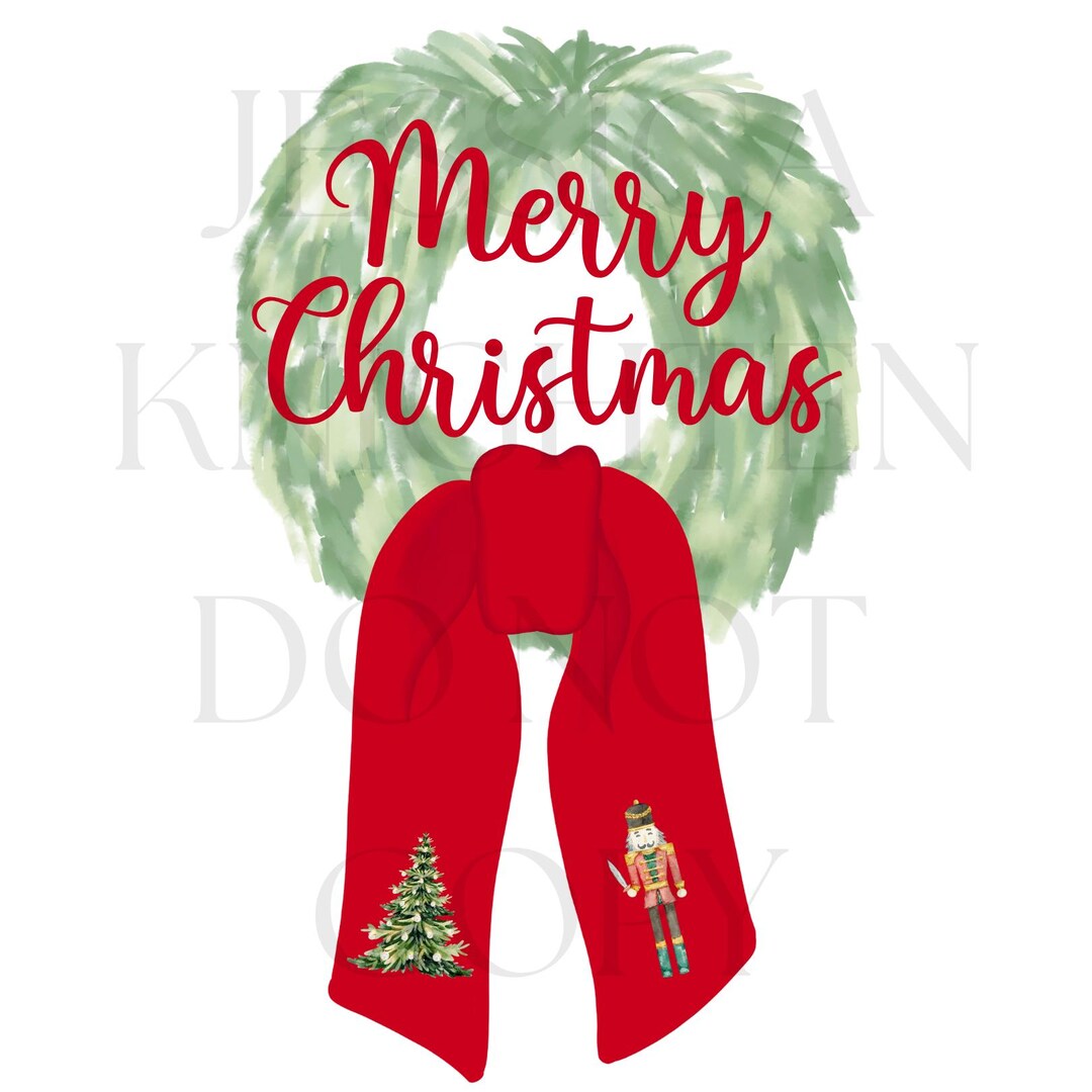 Wreath With Sash Preppy Christmas PNG Hand Drawn 300 DPI Trendy Jolly ...