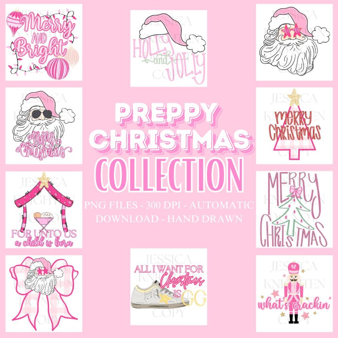 Preppy Christmas PNG Collection, Hand Drawn, 300 DPI, Pink, Trendy ...