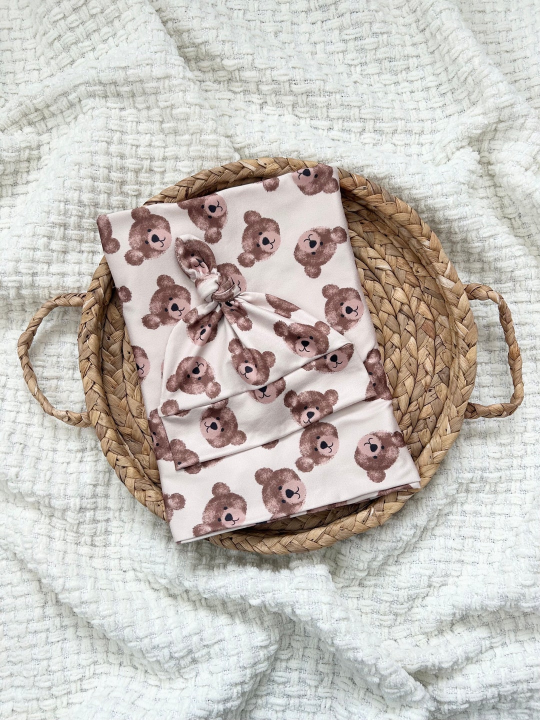 Teddy Bear Swaddle Set Bear Top Knot Hat Baby Boy Swaddle Set Bear Gender Neutral Newborn ...