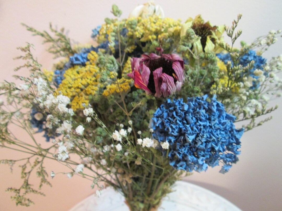 Blue Hydrangeas and Yellow Yarrow Dried Flowers Joyful Bouquet / A ...