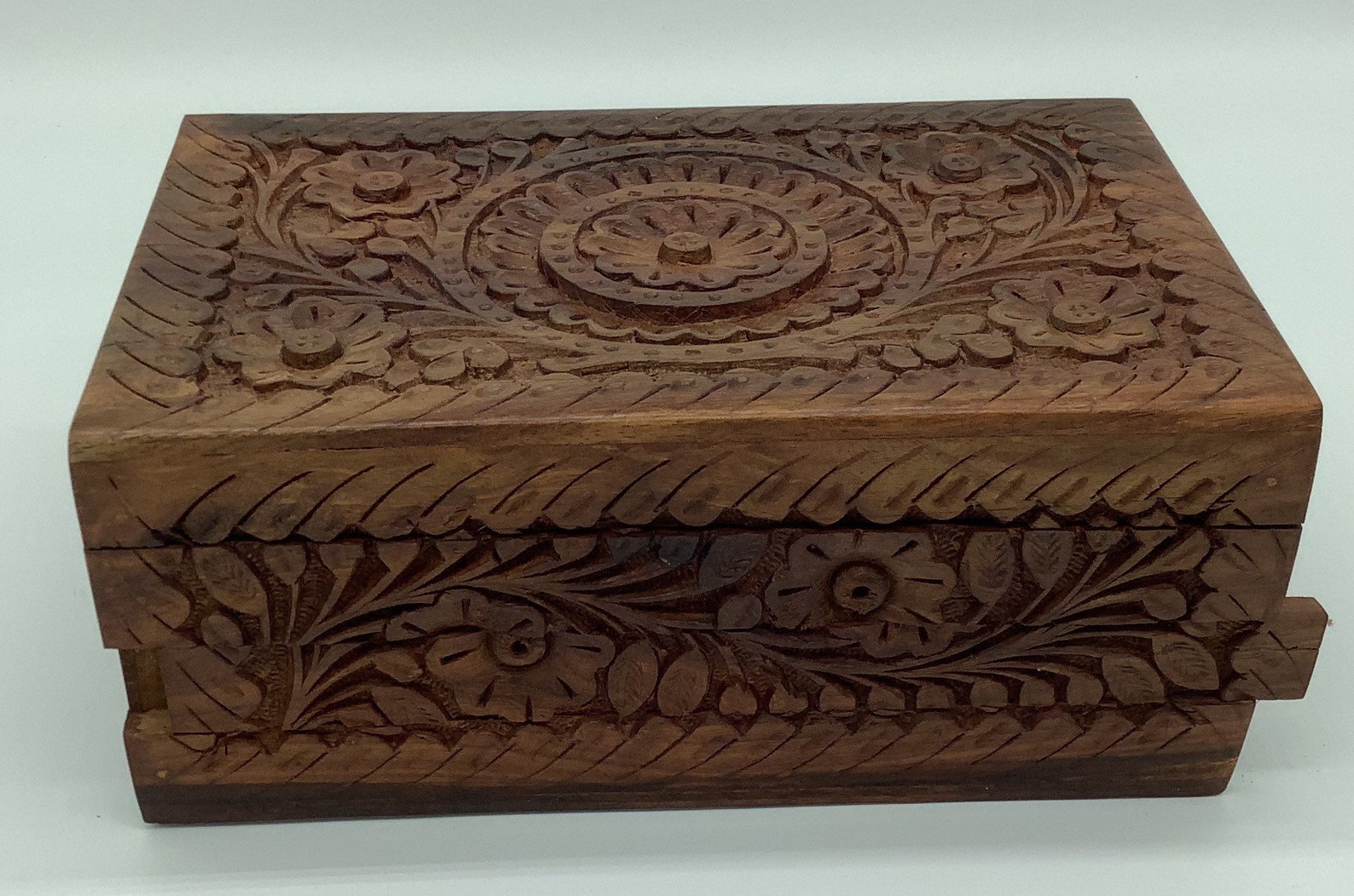 Wooden Puzzle Jewelry Box - Hand Carved Flower Secret Lock Box - Gift ...