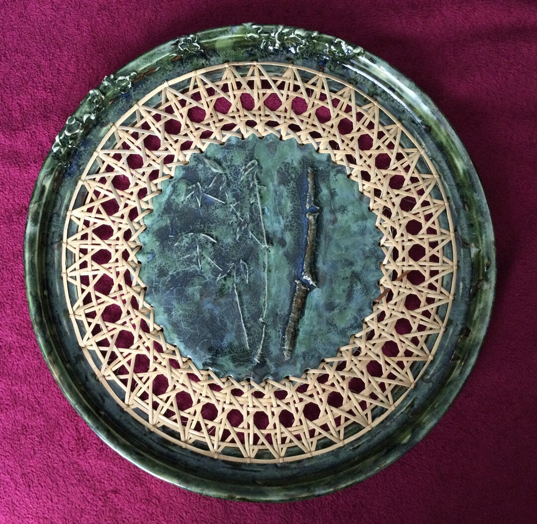 Blue Ceramic Tray With Woven Cane Bottom and Center Medallion With ...