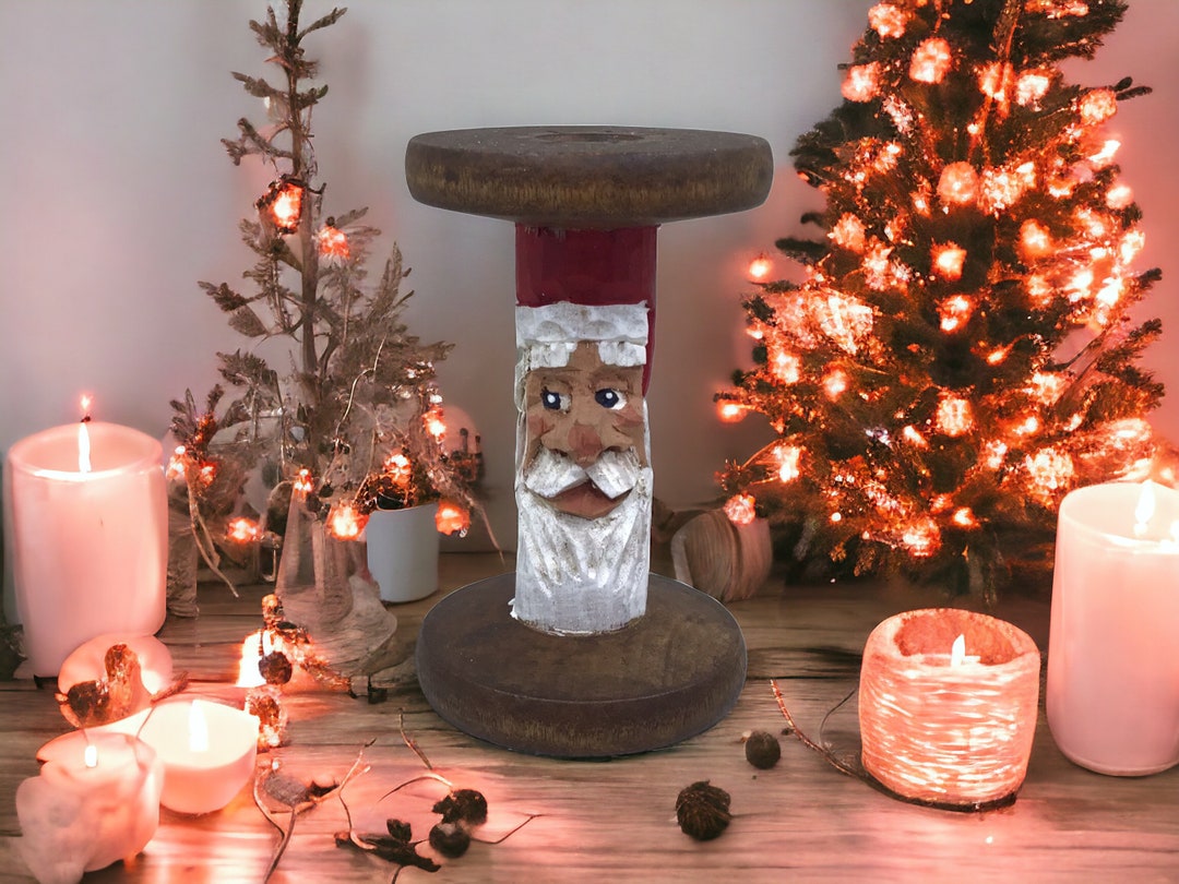 Handmade, Santa Carving, Vintage Textile Spool, Plaid Moose Carving ...
