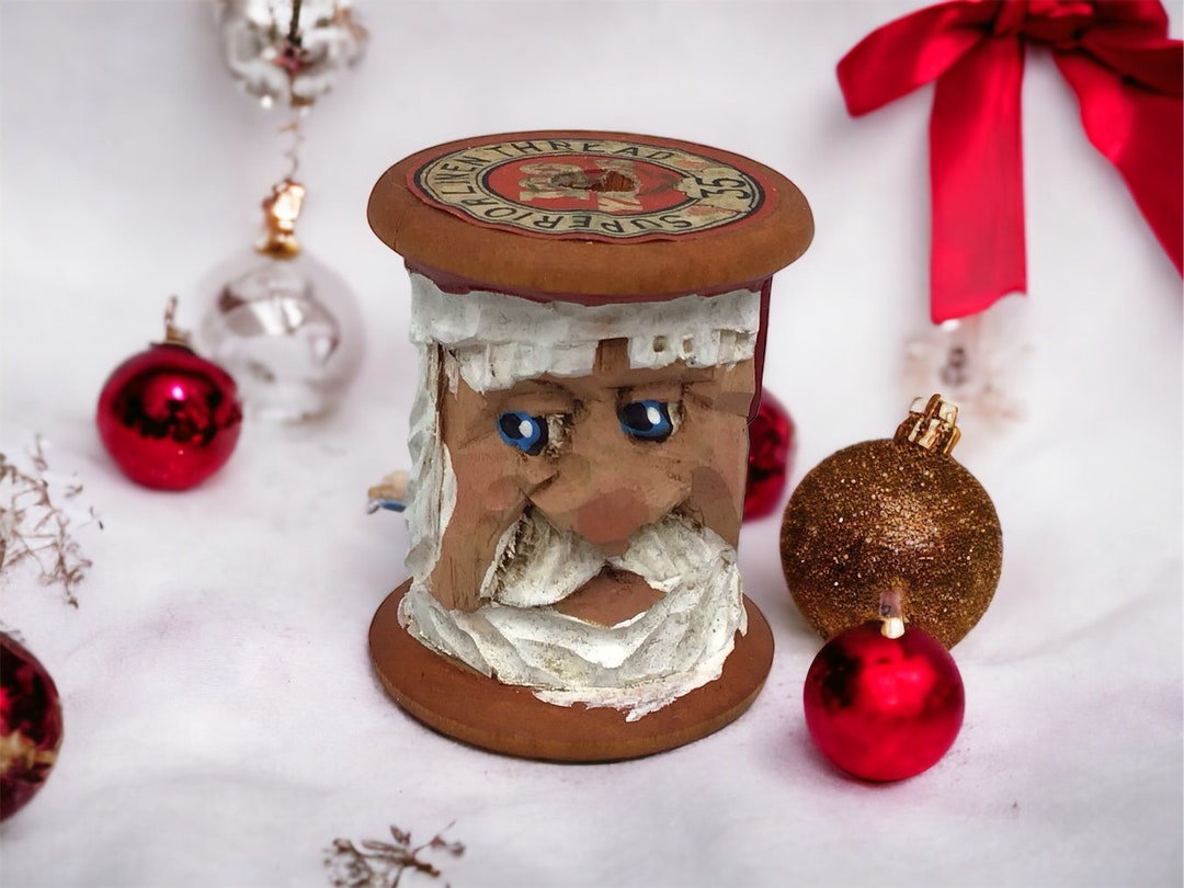 Handmade, Hand Carved Vintage Thread Spool, Santa, Santa Clause, Carved ...