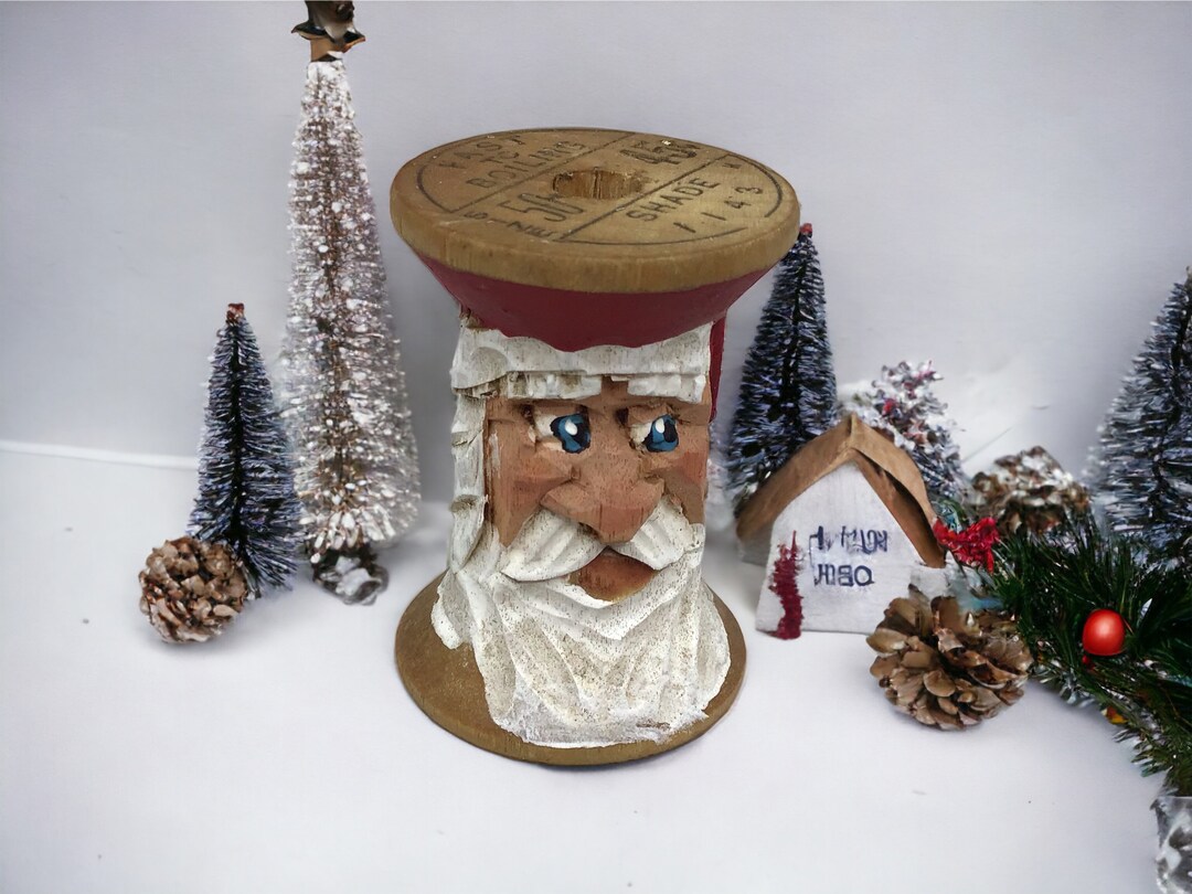Handmade, Hand Carved Vintage Thread Spool, Santa, Santa Clause, Carved ...