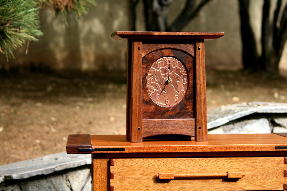 Craftsman Mantel Clock, Walnut and Walnut Burl With Embossed Copper ...