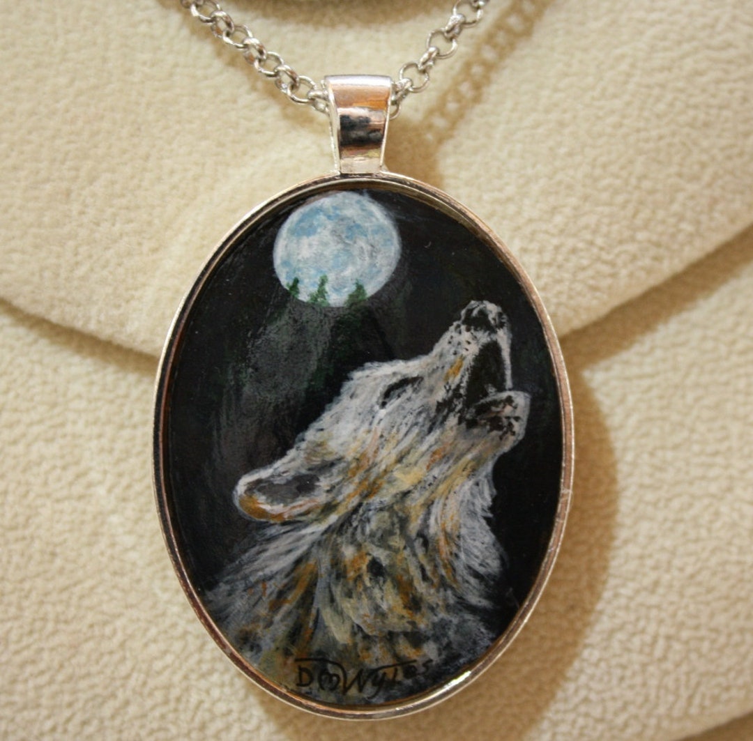 A Wolf Howling at the Full Moon is Hand Painted in Miniature on a Piece ...