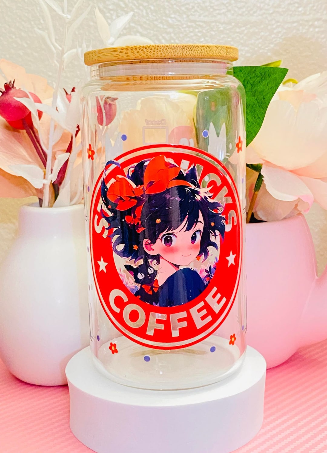 Delivery Girl and Cat | Kawaii Glass Cup With Lid and Straw | Anime ...