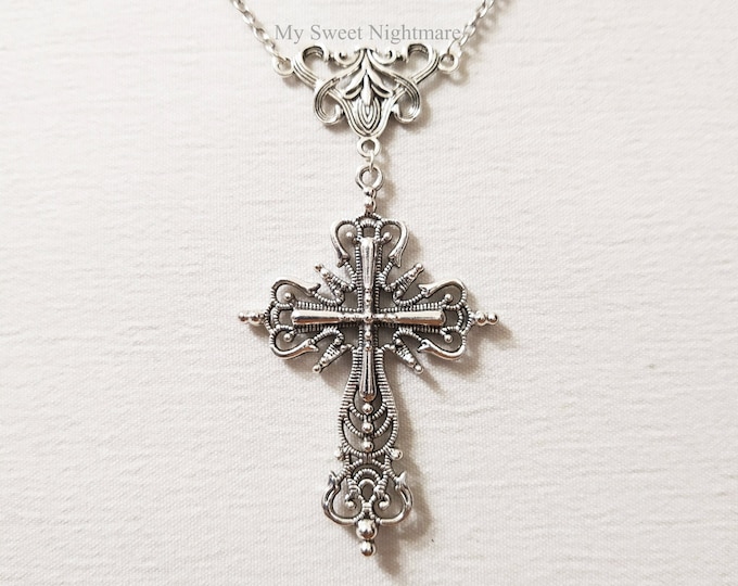 Large Gothic Cross Silver Plated Necklace - Etsy