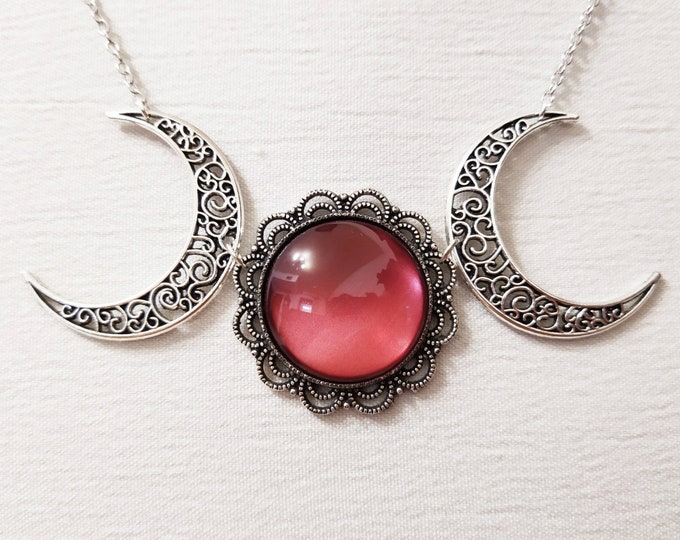 Triple Moon Silver Necklace and Red Hand Painted Cabochon - Etsy
