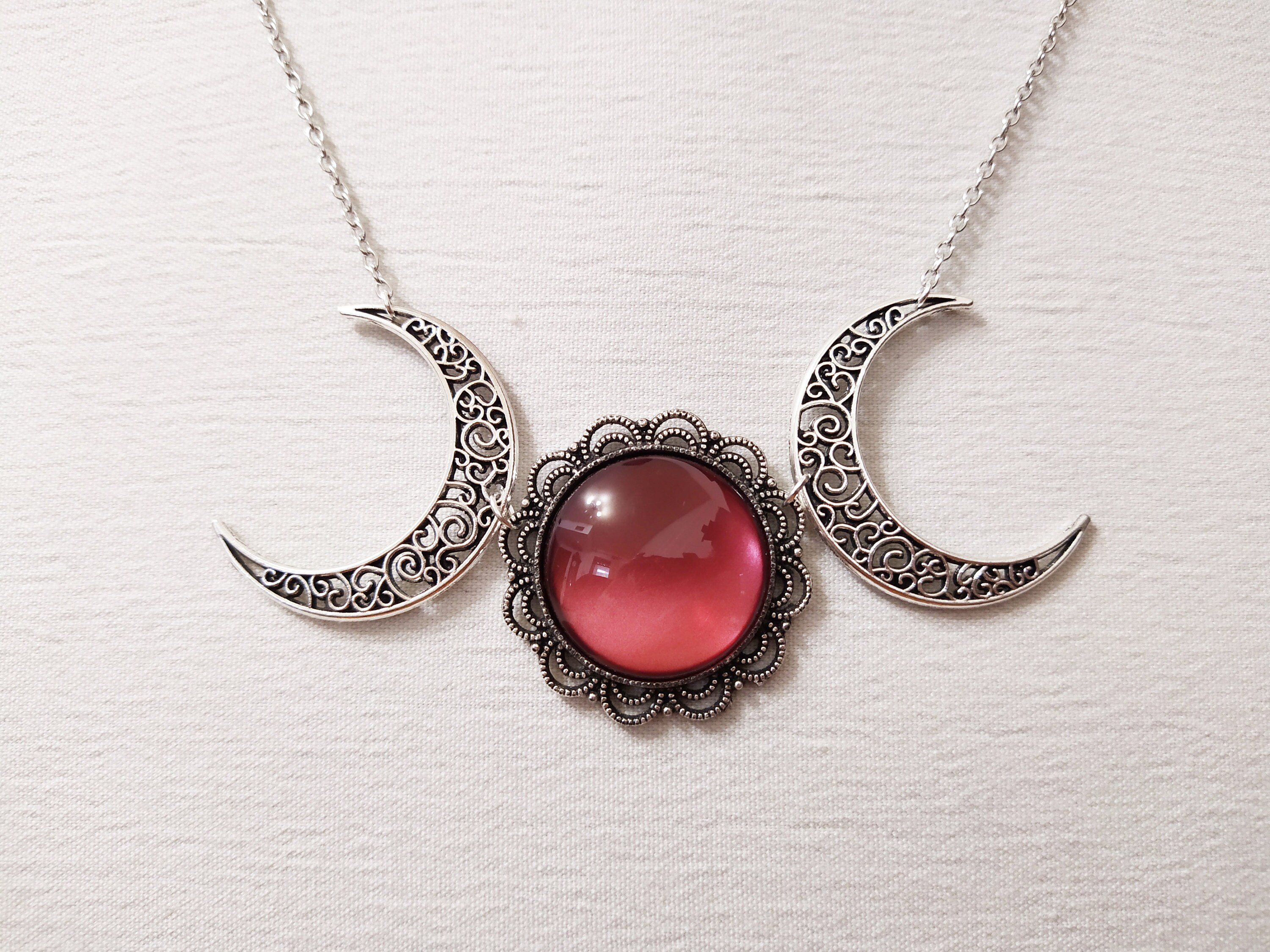 Triple Moon Silver Necklace and Red Hand Painted Cabochon | Etsy