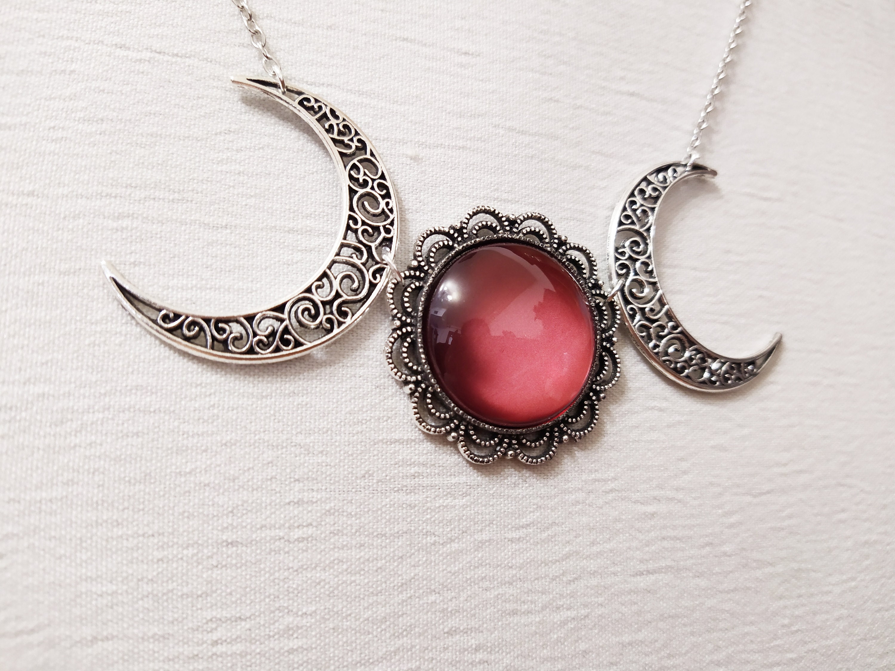 Triple Moon Silver Necklace and Red Hand Painted Cabochon | Etsy