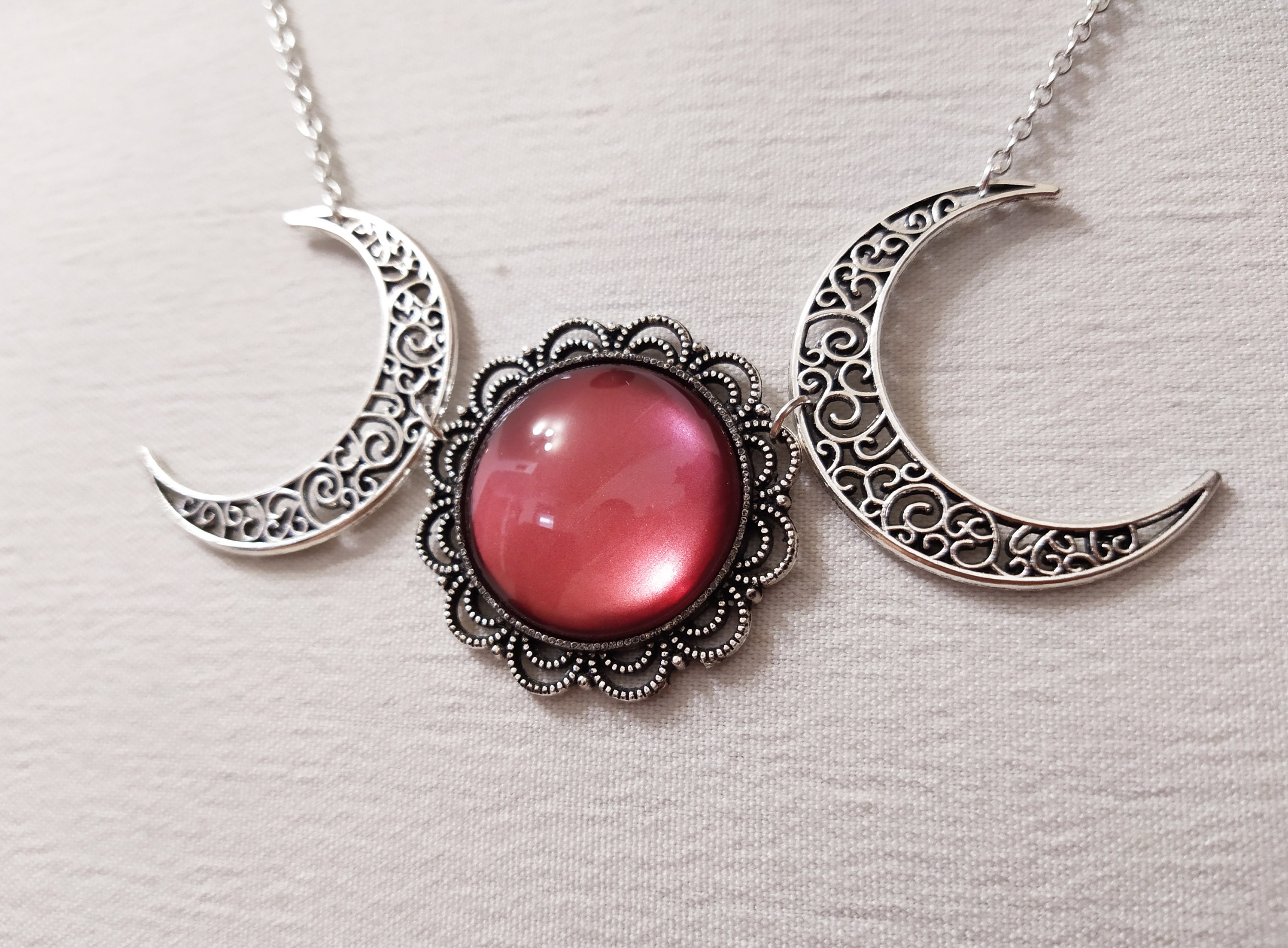 Triple Moon Silver Necklace and Red Hand Painted Cabochon | Etsy