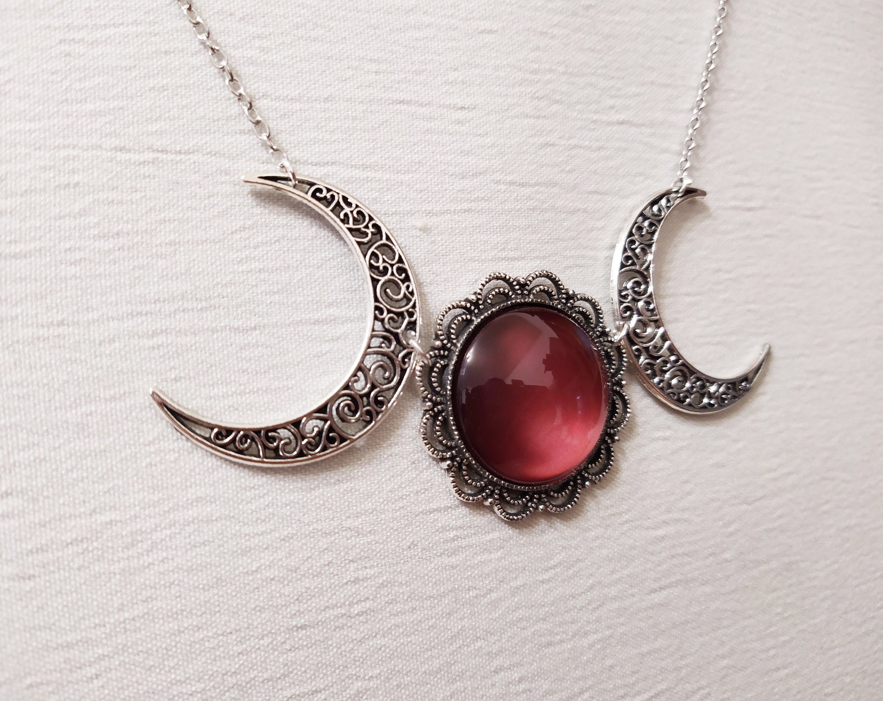Triple Moon Silver Necklace and Red Hand Painted Cabochon | Etsy