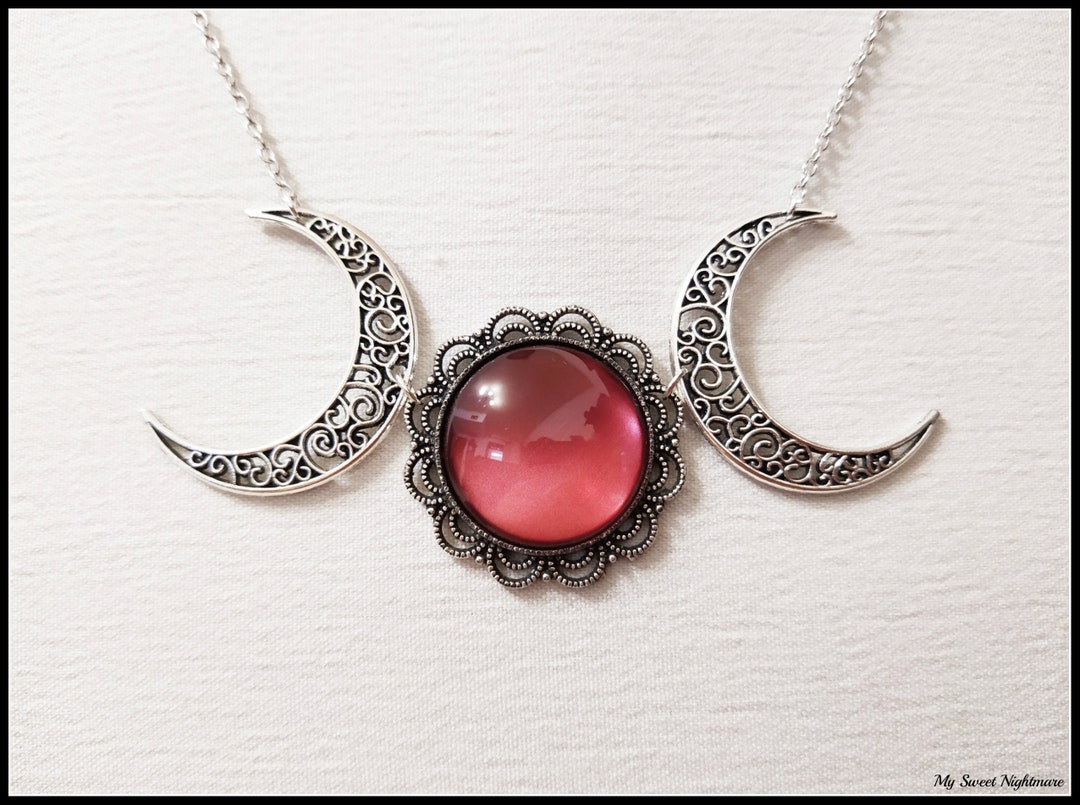 Triple Moon Silver Necklace and Red Hand Painted Cabochon - Etsy