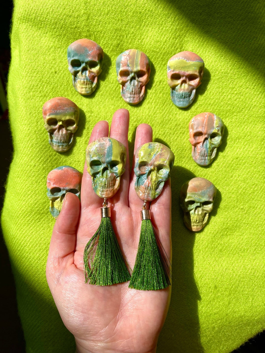 Large Peachy Green Skull Contemporary Statement Earrings With Optional ...