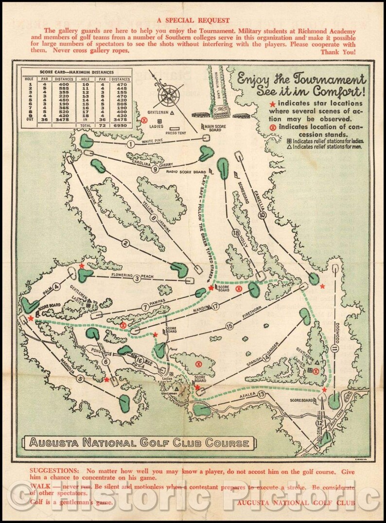 Historic Map Augusta National Golf Club Course, 1954 18in X 24in Framed ...
