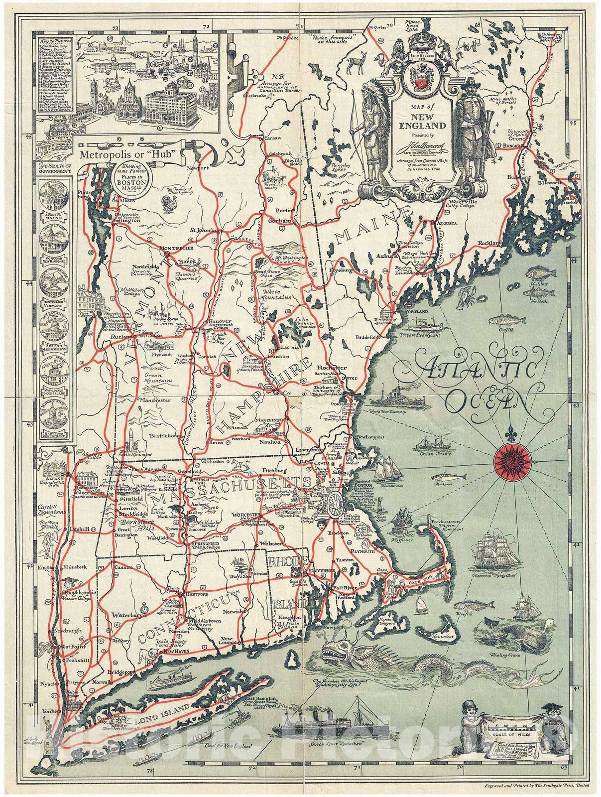 Historic Pictorial Map of New England Griswold Tyng 1928 18in X 24in ...