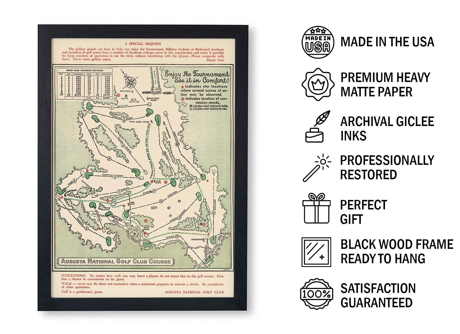 Historic Map - Augusta National Golf Club Course, 1954 - 18in X 24in ...