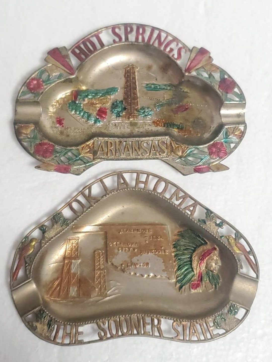 Lot of 2 MCM Hand Painted Tin Metal Souvenir Ashtrays Hot Springs, Arkansas and Oklahoma Sooner ...