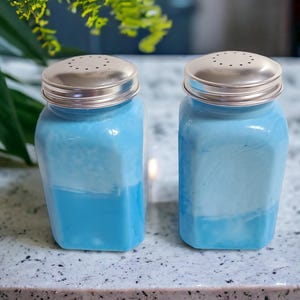 Vintage Blue Slag Glass Square 4.5" H Range Top Salt & Pepper Shaker ...