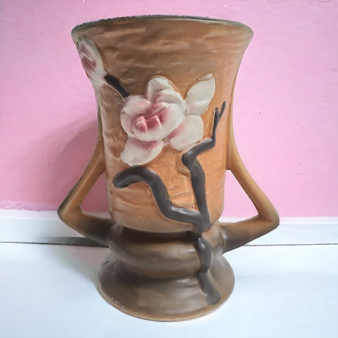 Vintage Roseville Pottery REPRODUCTION Brown Double Handled Magnolia ...
