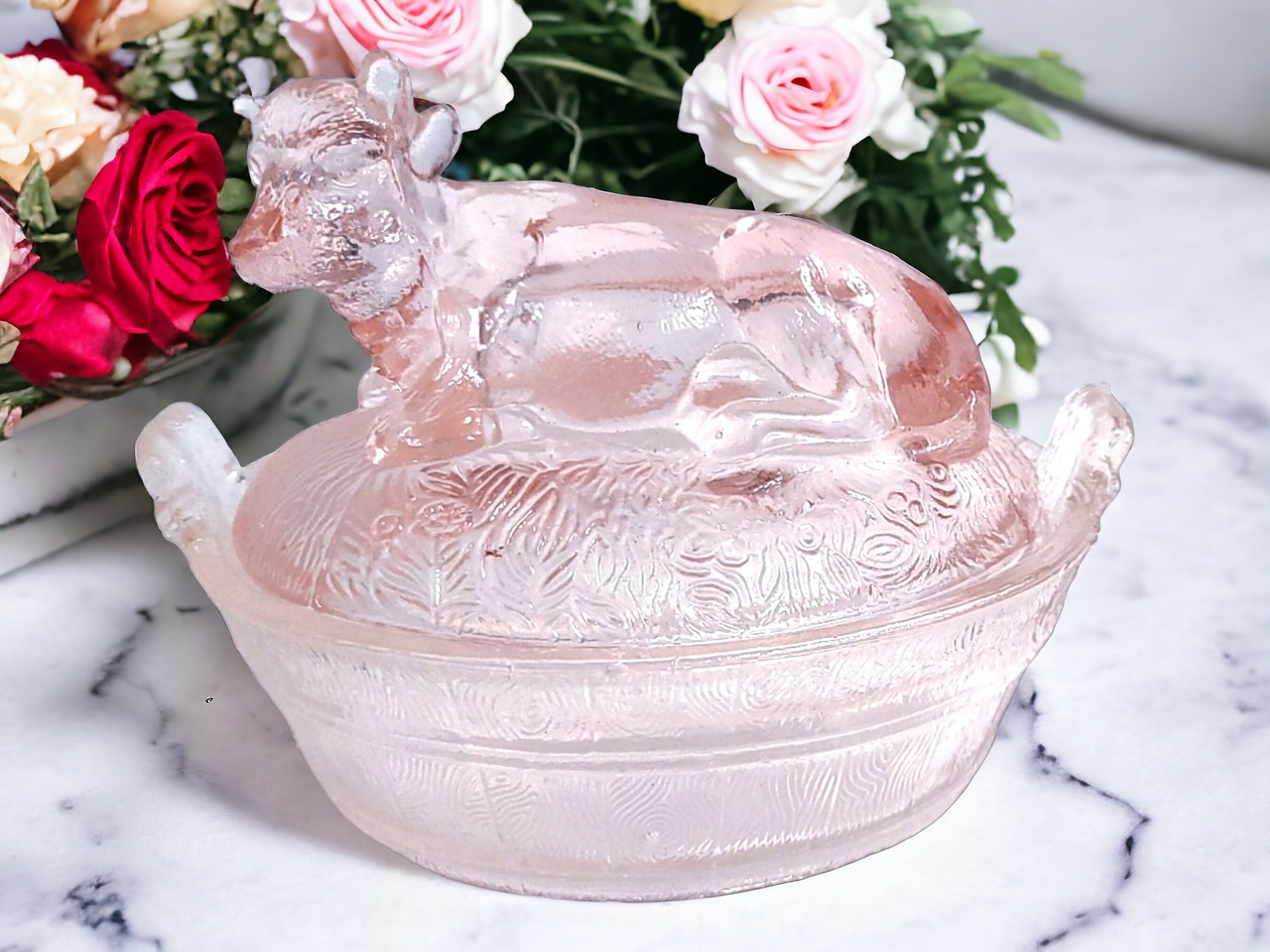 Vintage Pink Glass 2 Piece Cow on Hay Basket Nest Lidded Candy Dish ...