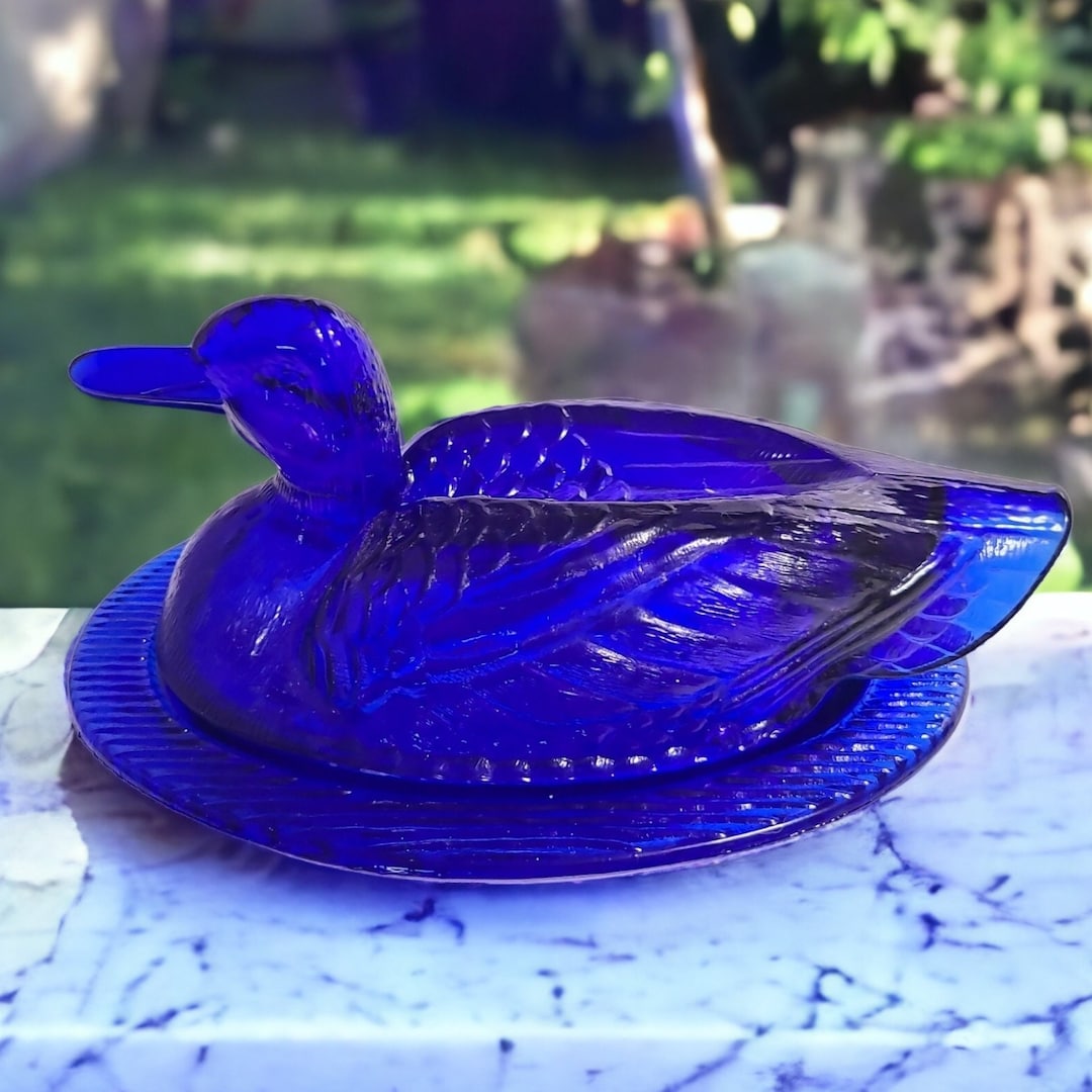 Vintage Cobalt Blue Glass Nesting Duck on Nest Candy Dish Box 8.5" L X ...