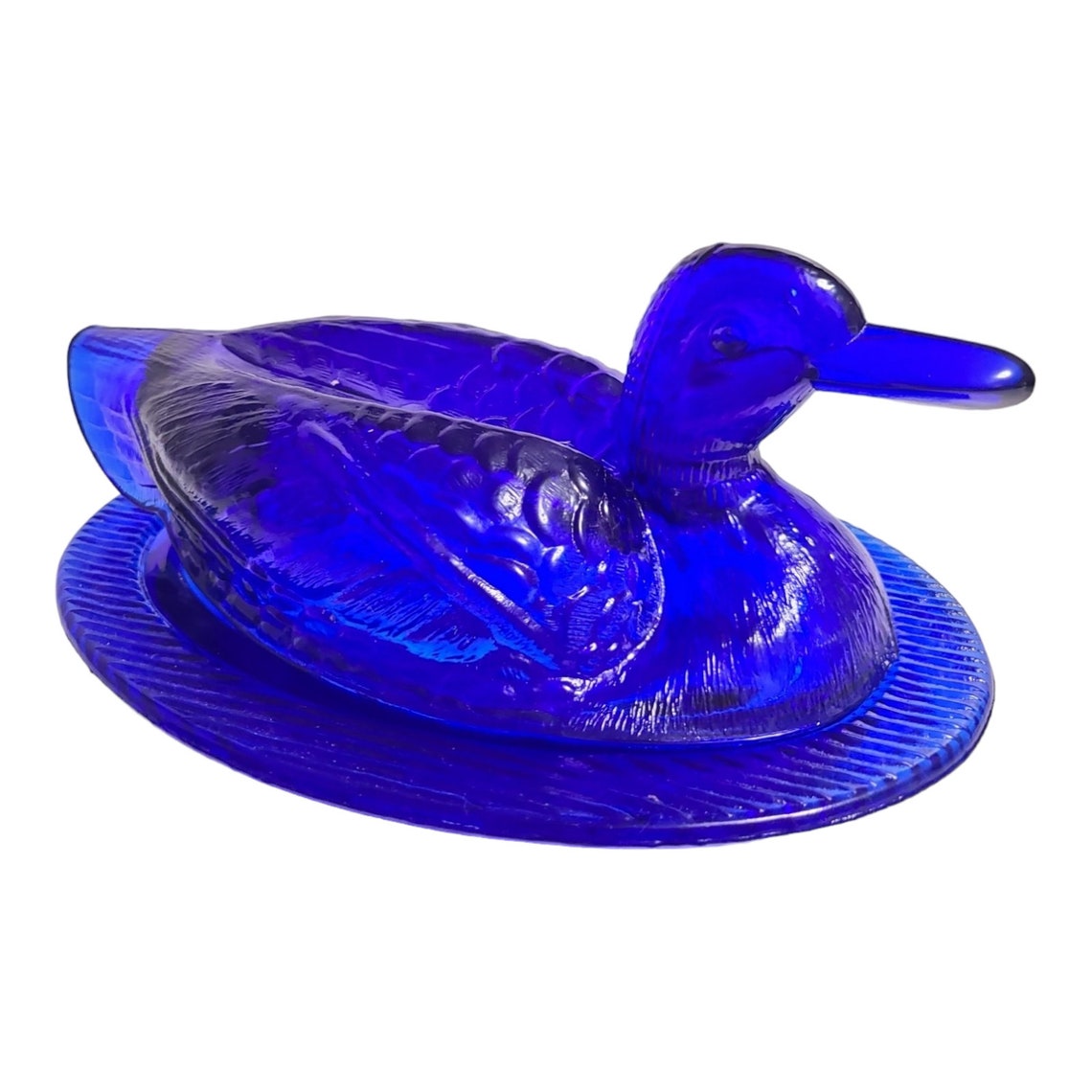 Vintage Cobalt Blue Glass Nesting Duck on Nest Candy Dish Box 8.5" L X ...