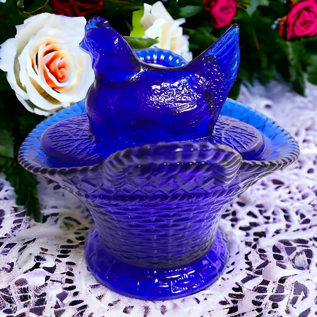 Vintage Cobalt Blue Glass Nesting Hen Chicken on Handled Basket Covered ...