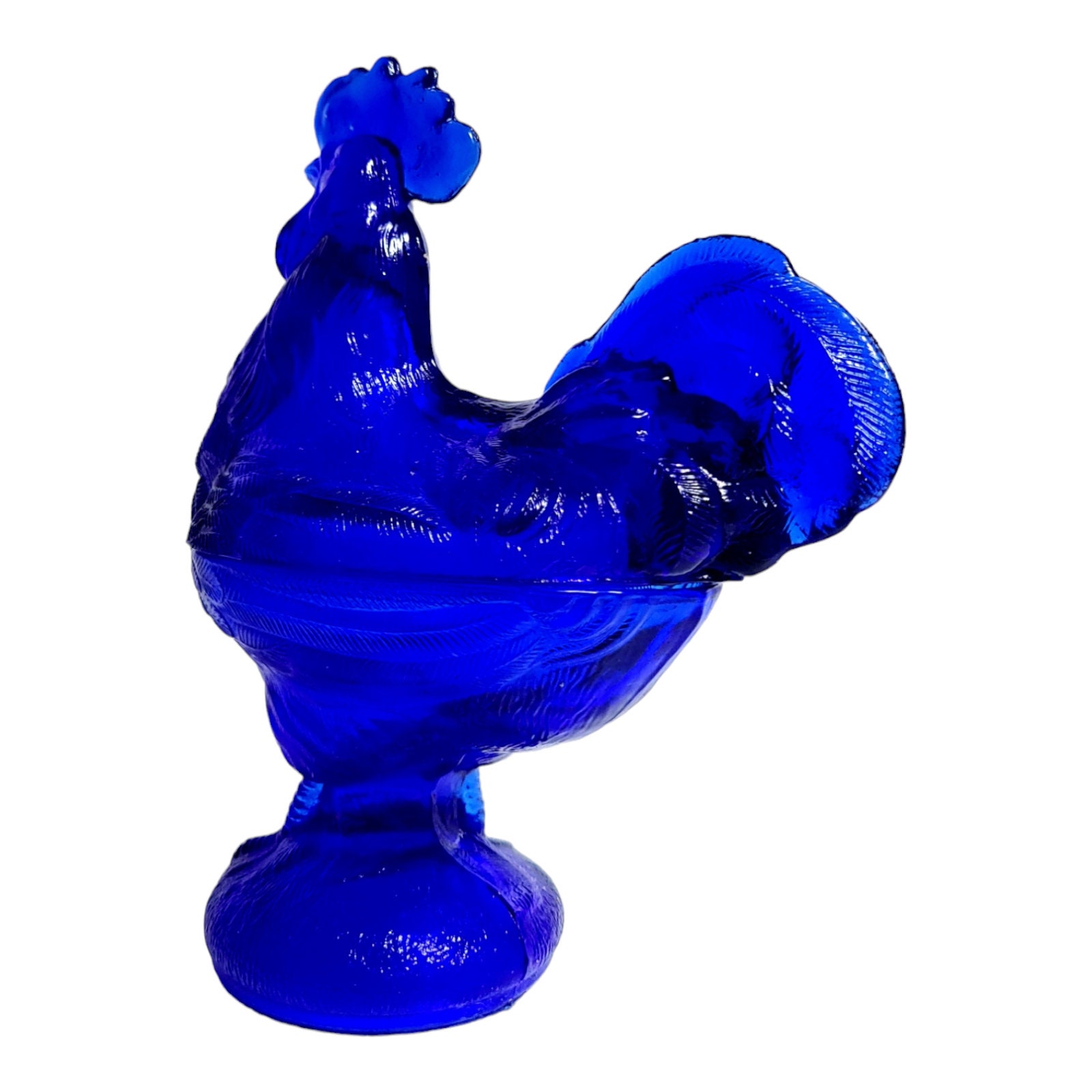 Vintage Cobalt Blue Glass Standing Rooster Figural Candy Dish Box 8 1/2 ...