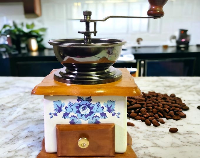 Vintage Blue Delft Style Floral Cafe Coffee Mill Burr Grinder Porcelain ...