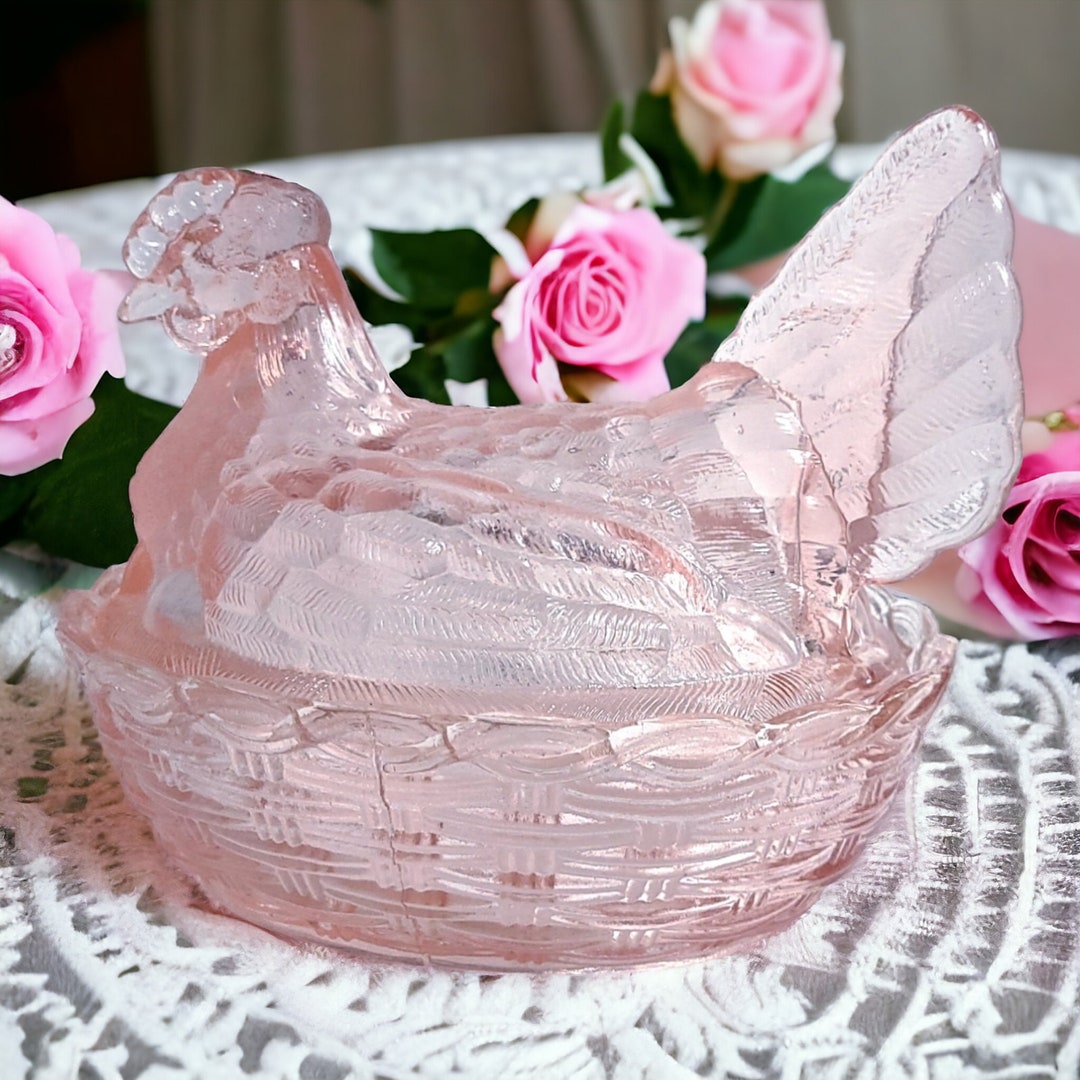 Vintage LARGE Pink Glass Nesting Hen Chicken on Nest Basket Covered ...