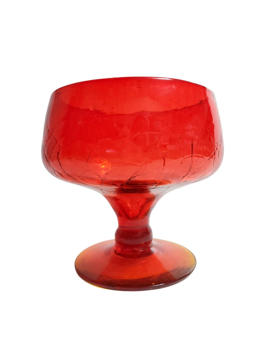 MCM Blenko Wayne Husted Crackle Glass Amberina TANGERINE Footed Compote ...