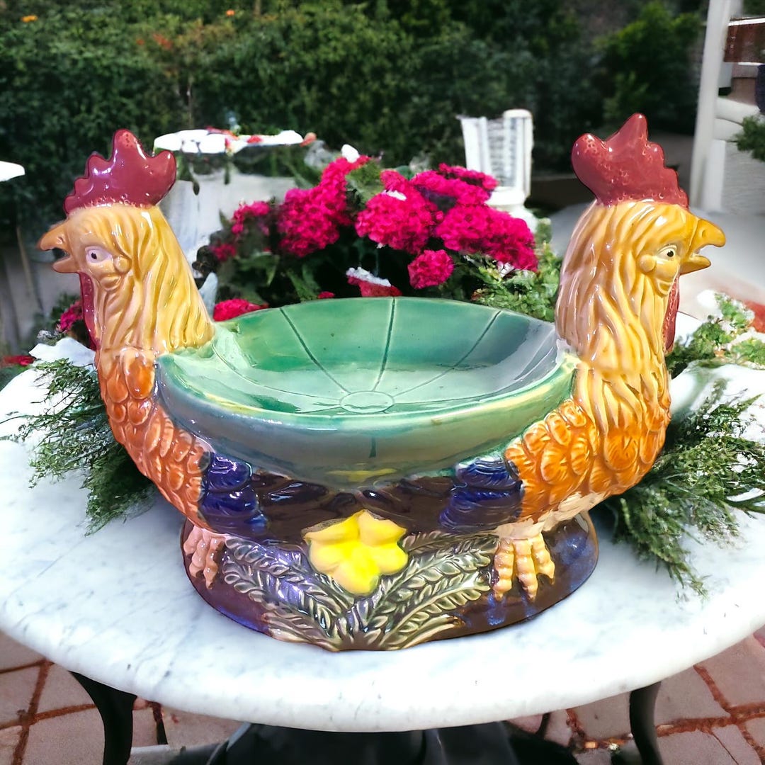 Vintage Majolica Pottery Gallic French Style Double Rooster Pedestal ...