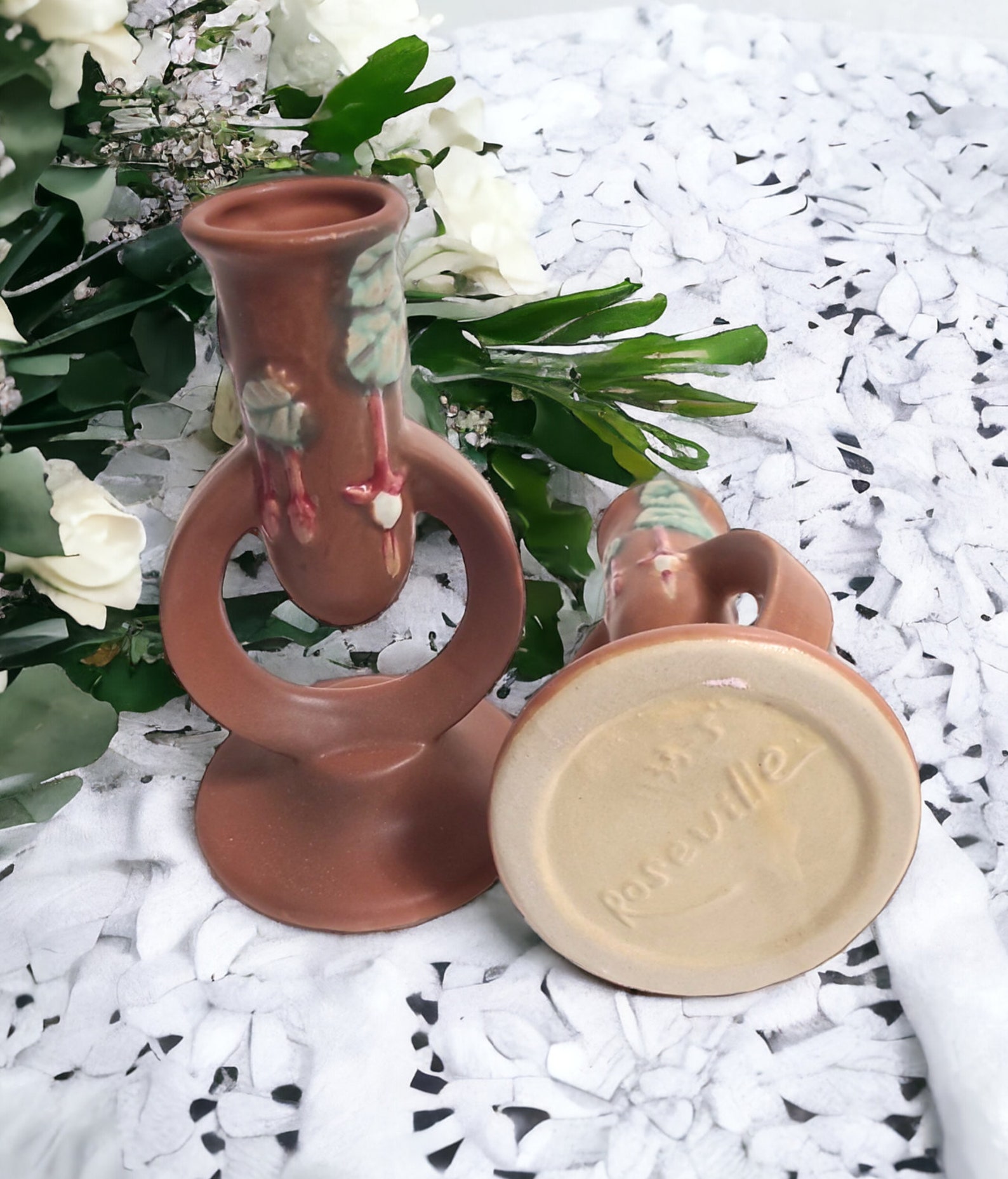 Pair of Vintage Roseville Art Pottery REPRODUCTION Fuschia Brown 5 ...