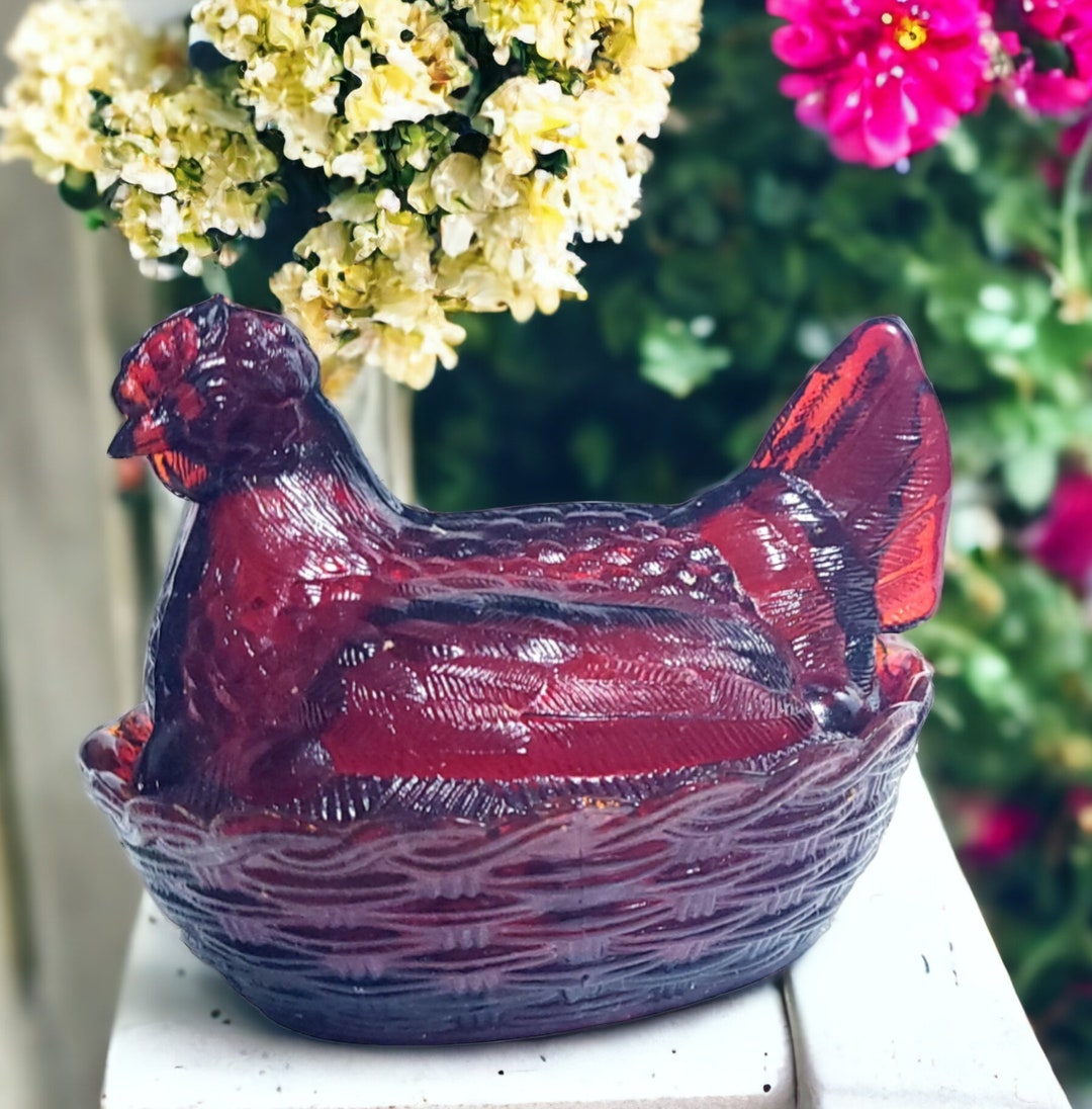 Vintage Ruby Red Glass Nesting Hen Chicken on Nest Basket Covered Candy ...