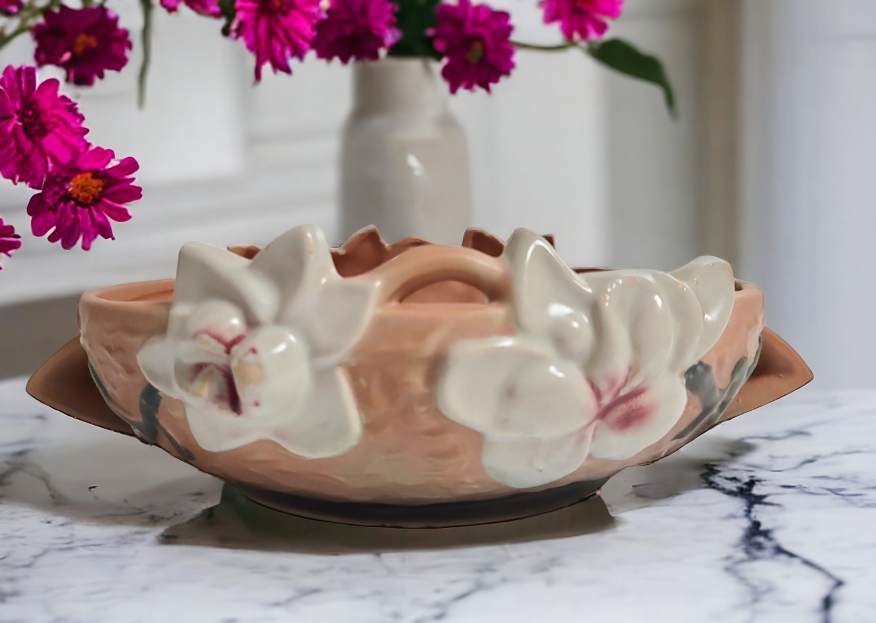 Vintage Roseville Art Pottery REPRODUCTION Brown Magnolia Double ...
