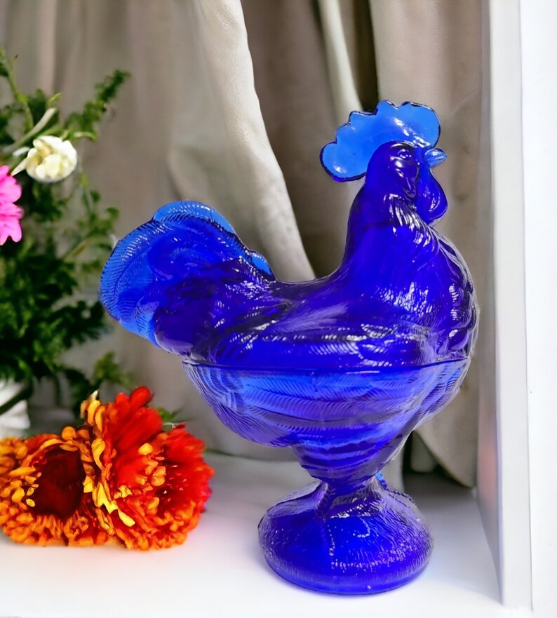 Vintage Cobalt Blue Glass Standing Rooster Figural Candy Dish Box 8 1/2 ...