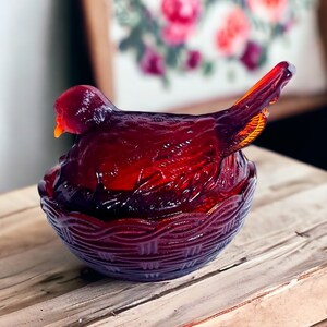 Vintage Ruby Red Glass 2 Piece Dove Bird on Nest Basket Lidded Candy ...