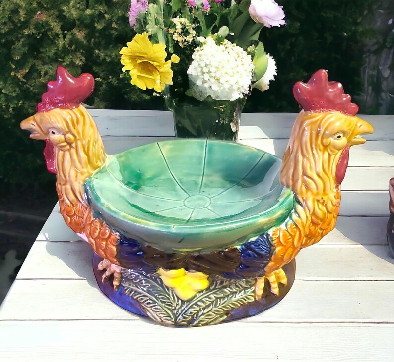 Vintage Majolica Pottery Gallic French Style Double Rooster Pedestal ...