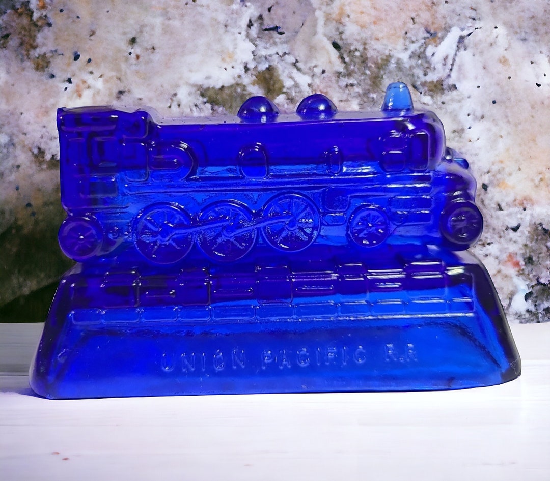 Vintage 2 Piece Cobalt Blue Glass Union Pacific Railroad Locomotive ...