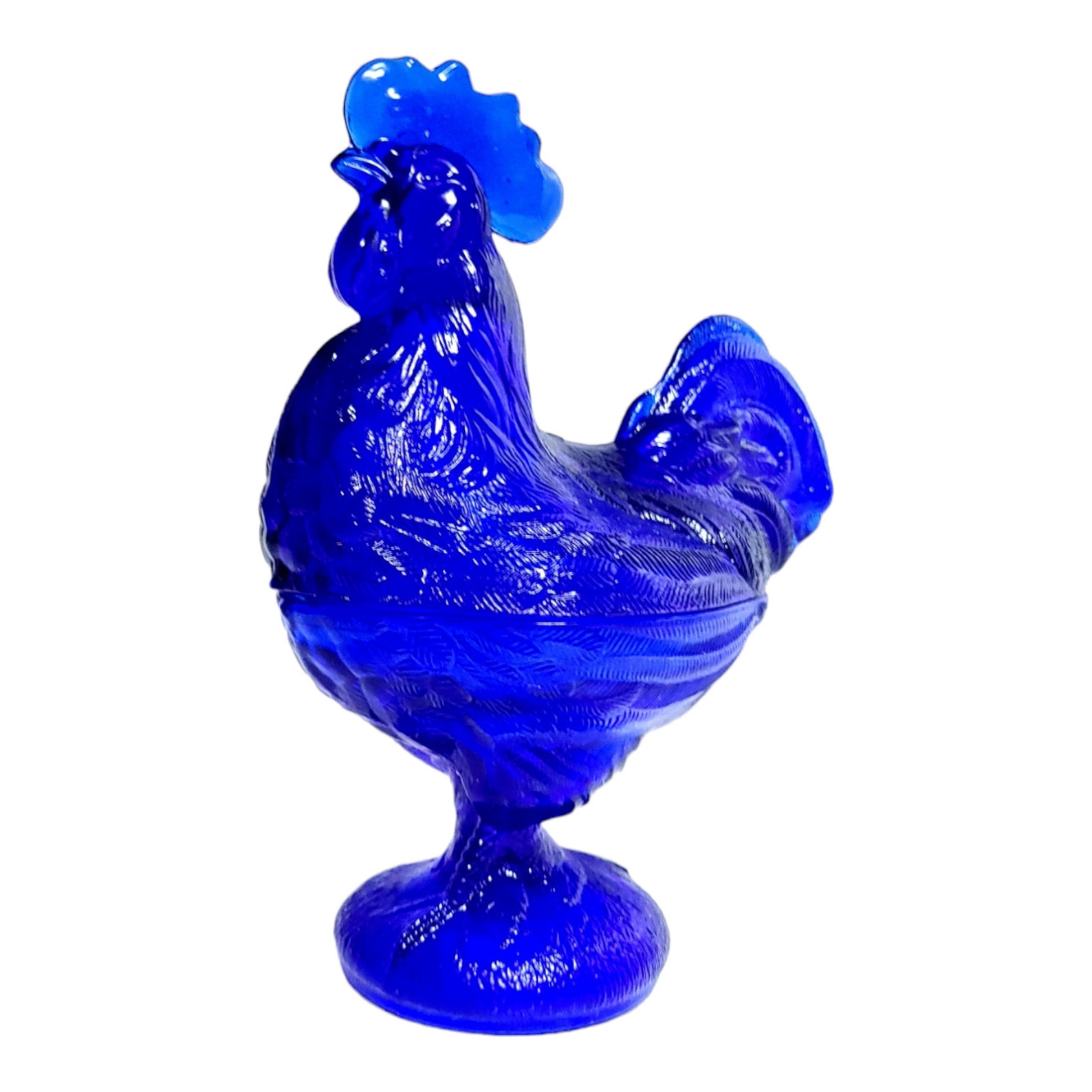 Vintage Cobalt Blue Glass Standing Rooster Figural Candy Dish Box 8 1/2 ...