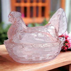 Vintage Pink Glass Nesting Hen Chicken on Nest Basket Covered Candy ...